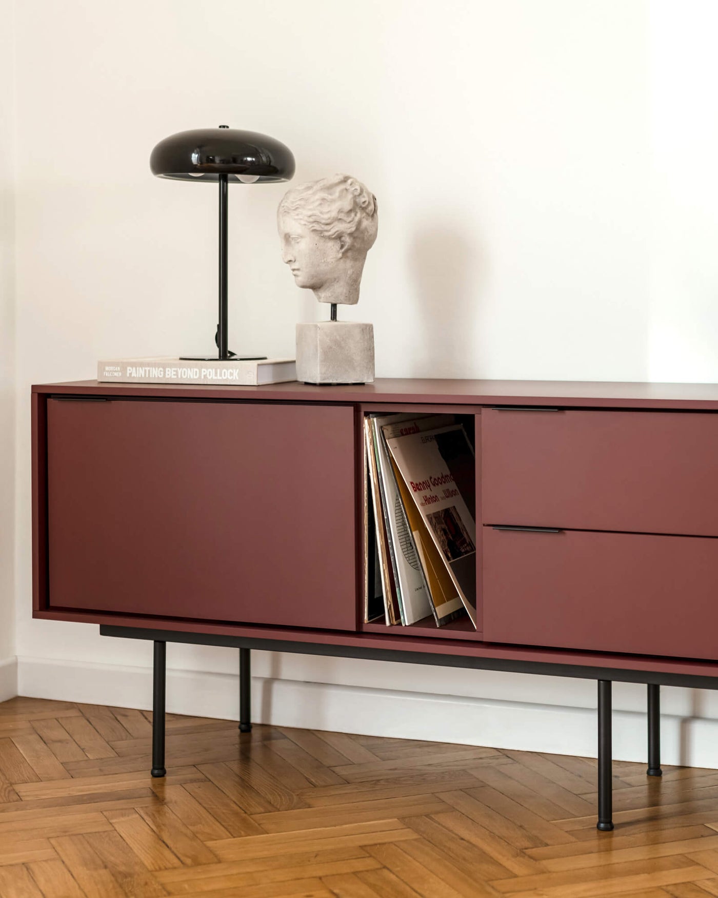 Mod TV Stand - modern, customizable, burgundy TV unit - noo.ma